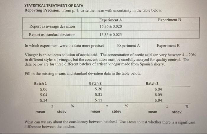 Solved STATISTICAL TREATMENT OF DATA Reporting Precision. | Chegg.com