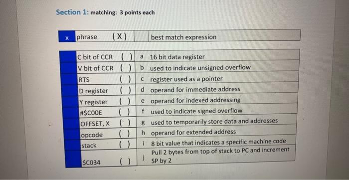 Solved Section 1: matching: 3 points each | Chegg.com