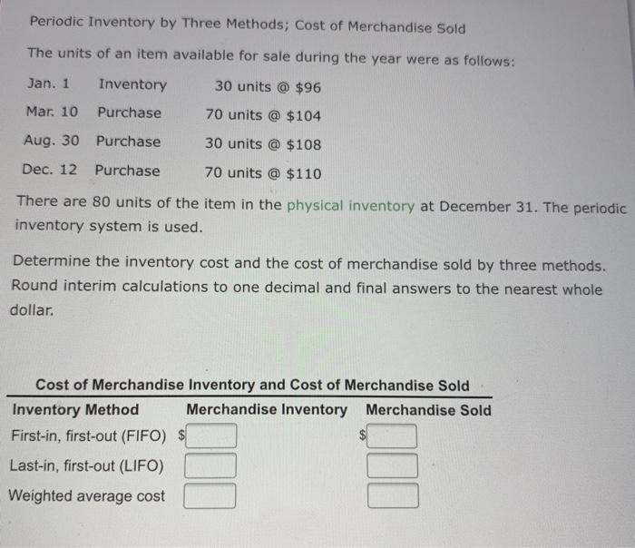 Solved Periodic Inventory by Three Methods; Cost of | Chegg.com