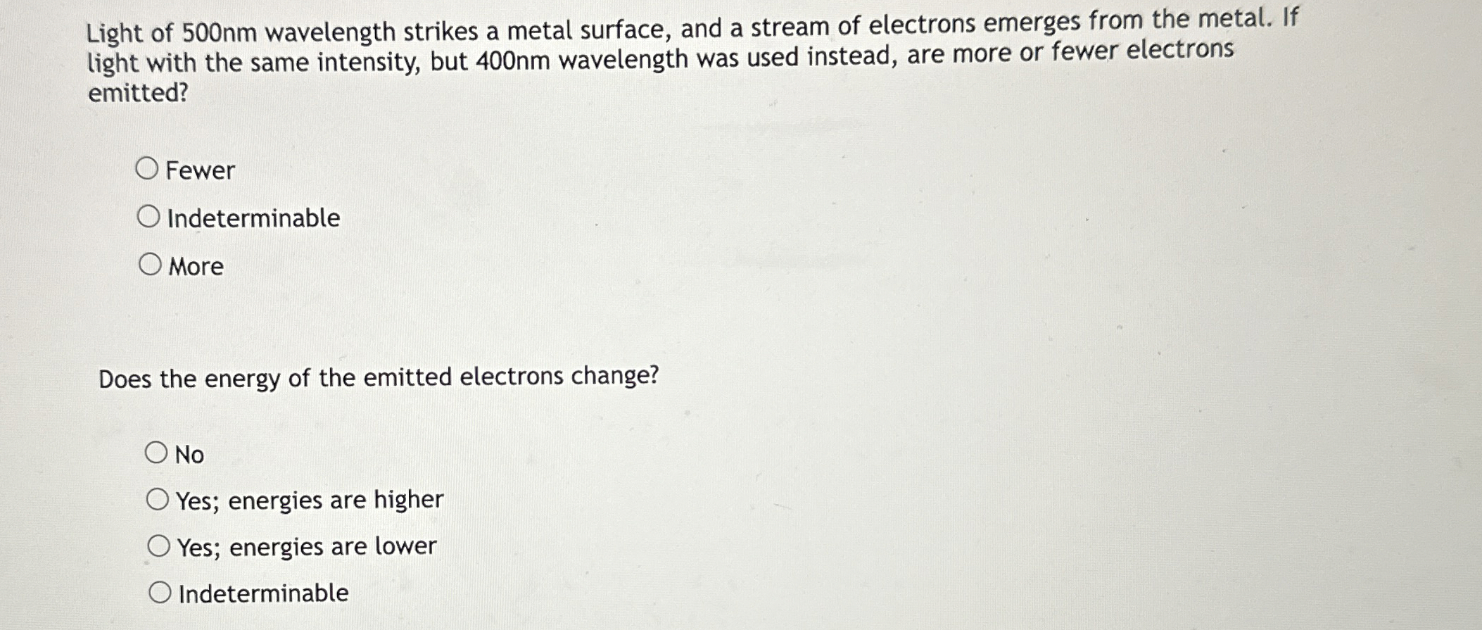 Solved Light of 500 ﻿nm wavelength strikes a metal surface, | Chegg.com