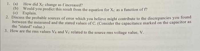 Solved Table 1: AC Circuit Parameters at Different | Chegg.com