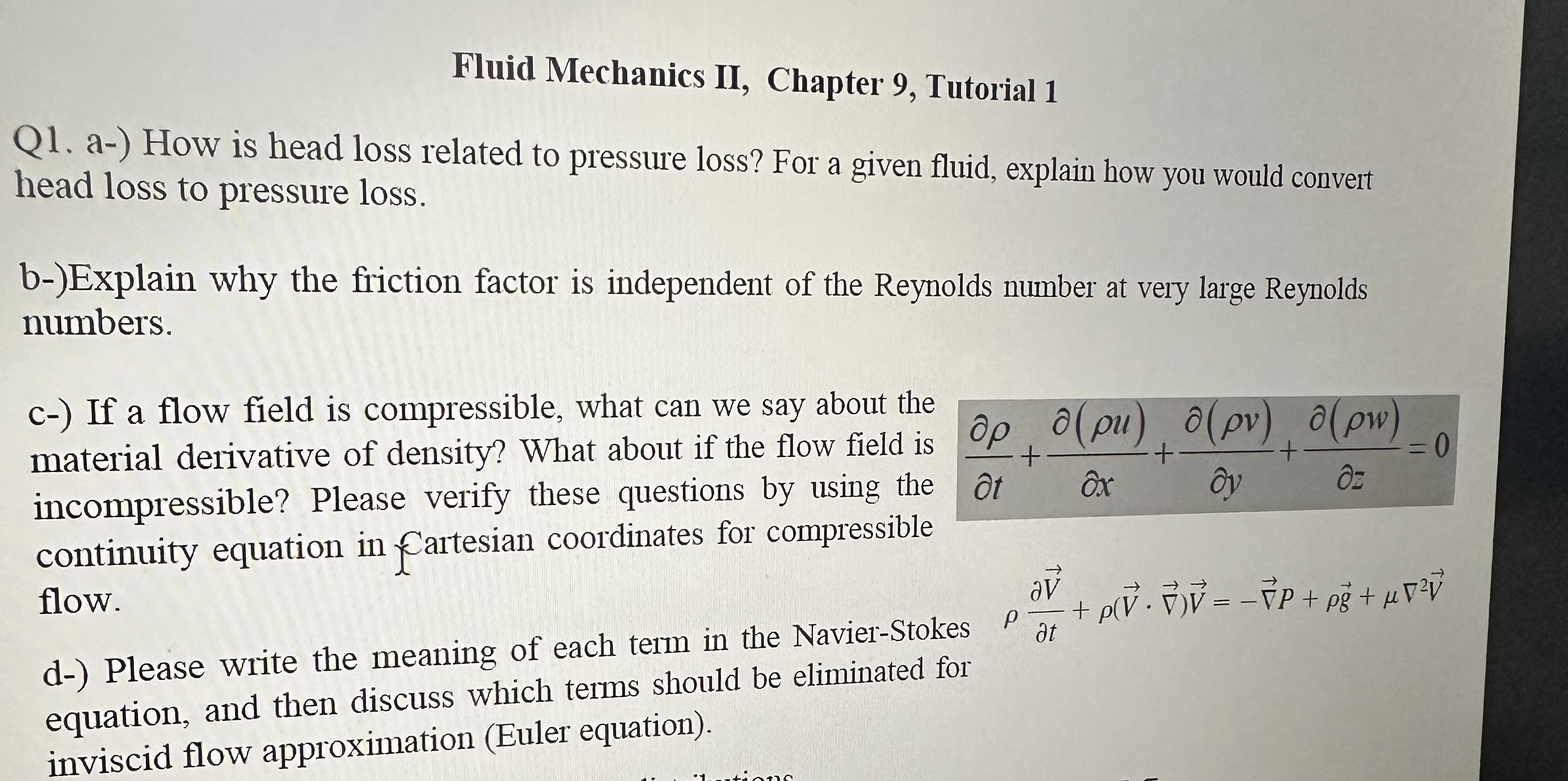 Solved Fluid Mechanics II, ﻿Chapter 9, ﻿Tutorial 1Q1. ﻿a-) | Chegg.com