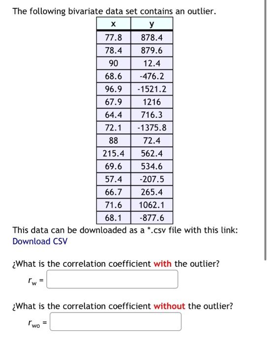 The following bivariate data set contains an outlier. | Chegg.com