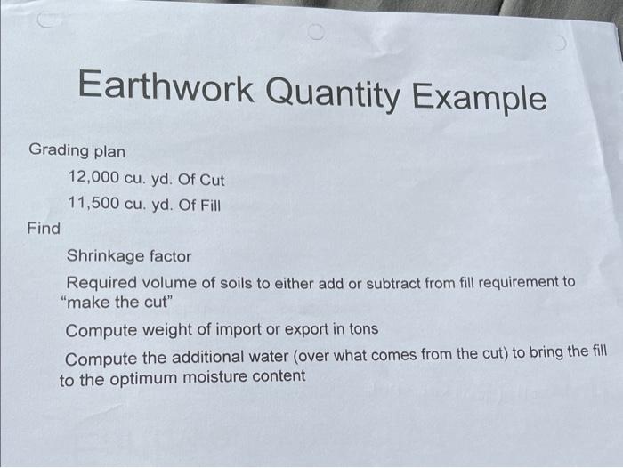 Solved Earthwork Quantity Example Grading plan 12,000 cu. | Chegg.com