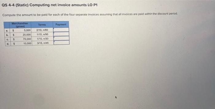 Solved QS 4-4 (Static) Computing net invoice amounts LO P1 | Chegg.com
