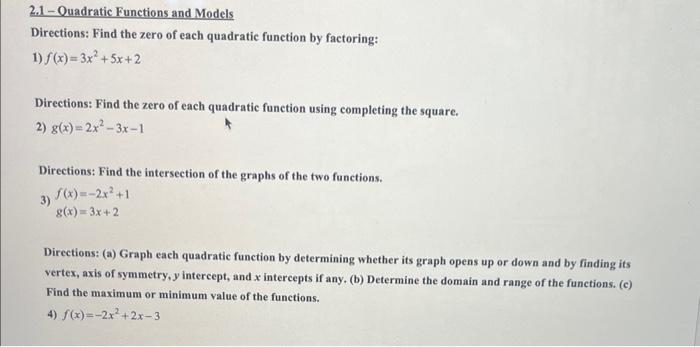 Solved 2.1-Quadratic Functions and Models Directions: Find | Chegg.com