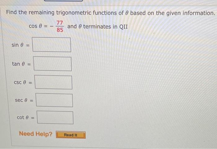 Solved Find the remaining trigonometric functions of θ based | Chegg.com