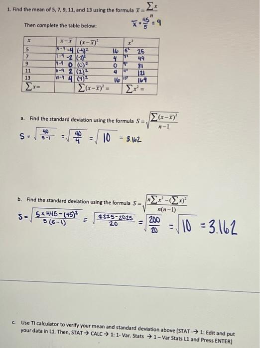 Solved 1. Find the mean of 5,7,9,11, and 13 using the | Chegg.com