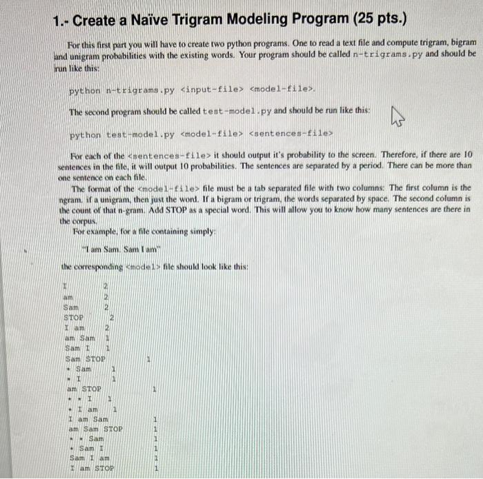 1.- Create a Naive Trigram Modeling Program (25 pts.) | Chegg.com