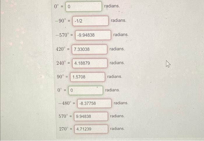 Solved −90∘=−570∘= radians. radians. 420∘= radians. 240∘= | Chegg.com