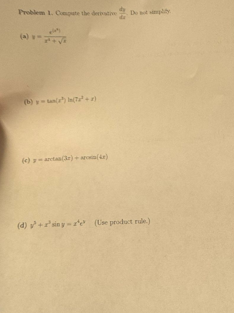 Solved Problem 1. ﻿Compute the derinative dydx, ﻿Do not | Chegg.com