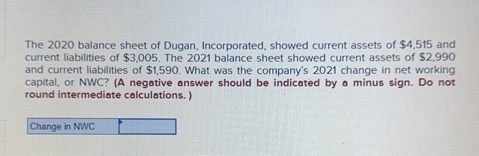 Solved The 2020 balance sheet of Dugan, Incorporated, showed | Chegg.com