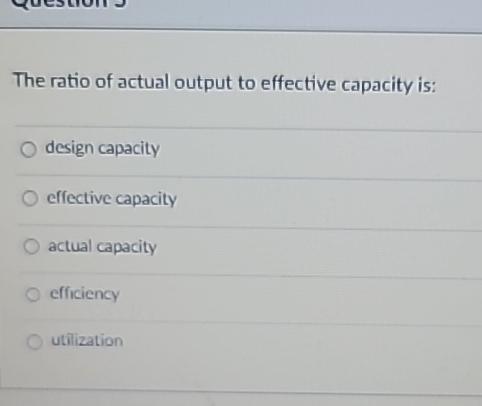Solved The ratio of actual output to effective capacity | Chegg.com