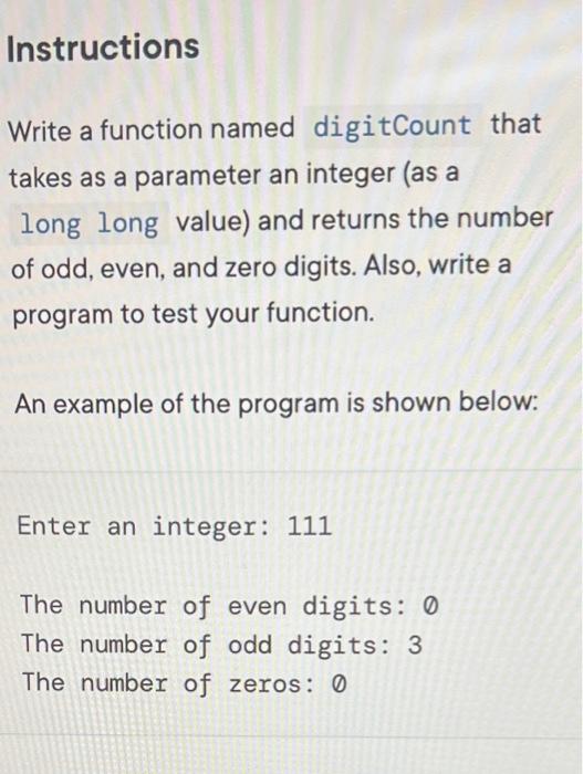 Solved Instructions Write a function named digitCount that | Chegg.com