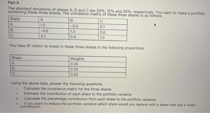 Solved Part A The standard deviations of shares A, B and | Chegg.com