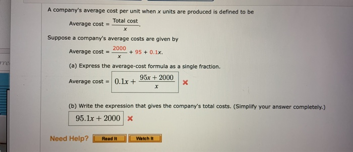Solved A company's average cost per unit when x units are | Chegg.com