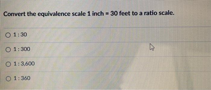 Solved Convert the equivalence scale 1 inch = 30 feet to a | Chegg.com