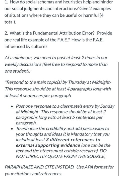 1. How do social schemas and heuristics help and | Chegg.com