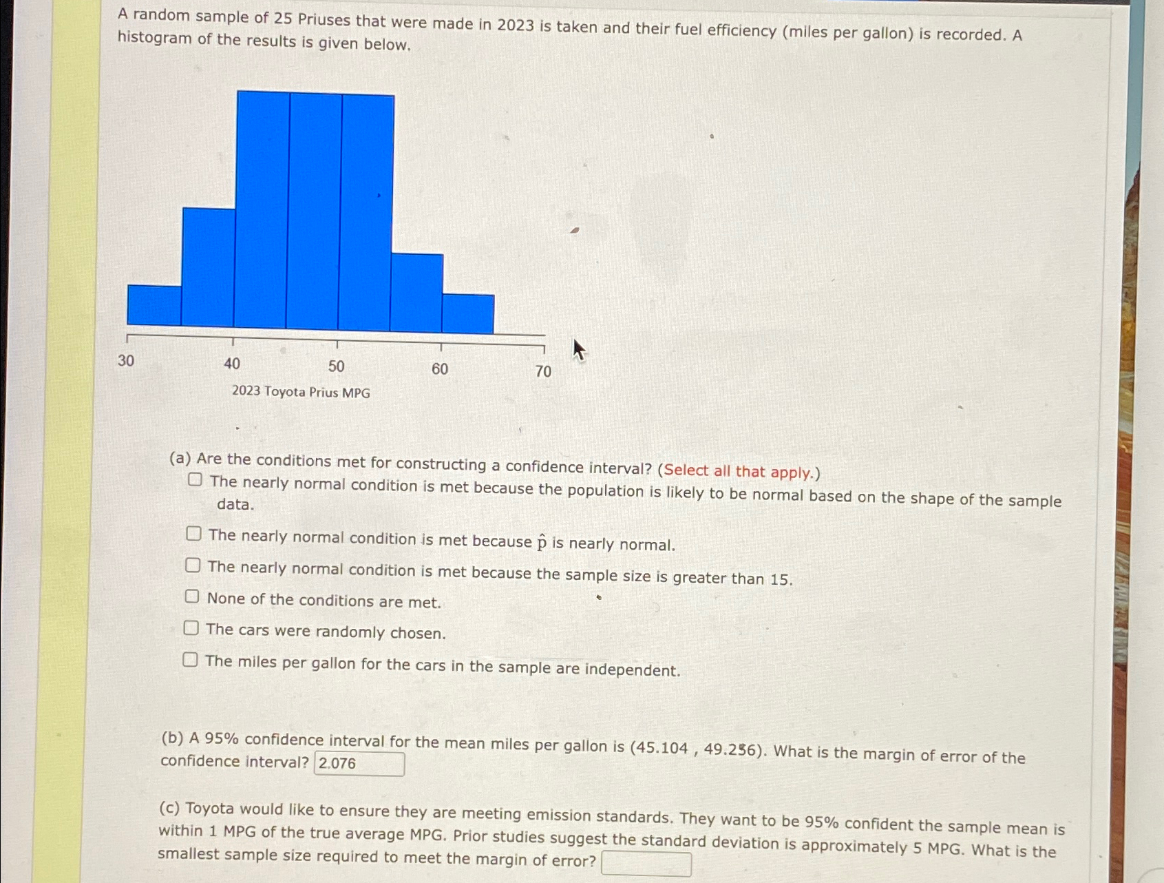 Solved A random sample of 25 ﻿Priuses that were made in 2023 | Chegg.com