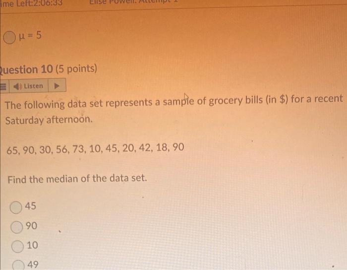 Solved μ=5 Uestion 10 (5 points) The following data set | Chegg.com