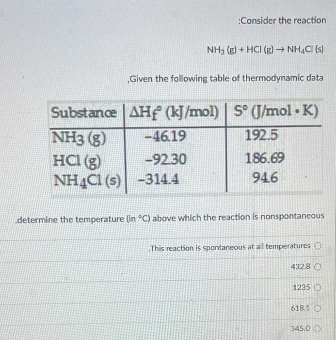 Solved Consider the reaction NH3( g)+HCl(g)→NH4Cl(s) ,Given | Chegg.com