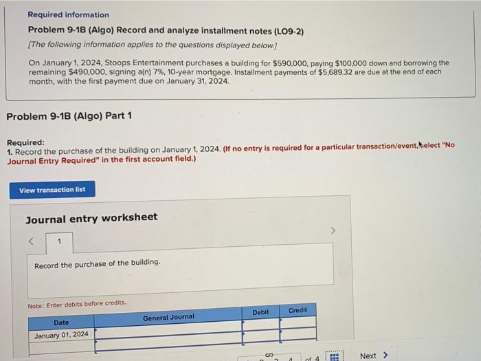 Solved Required information Problem 9-1B (Algo) Record and | Chegg.com