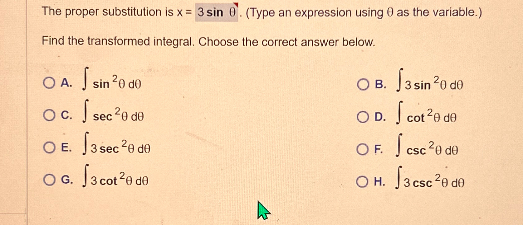 Solved The proper substitution is x=3sin\\\\theta . (Type an | Chegg.com