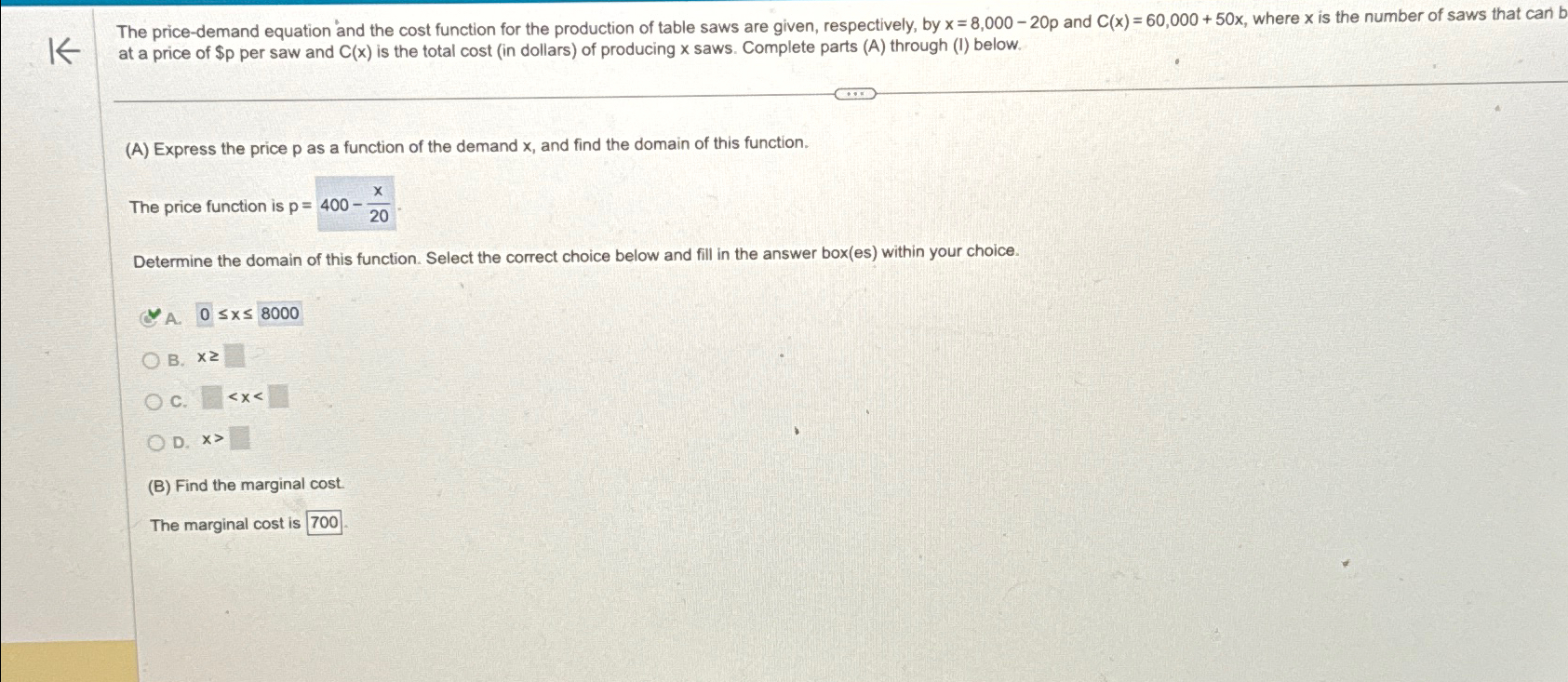 Solved at a price of $ p per saw and C(x) ﻿is the total cost | Chegg.com