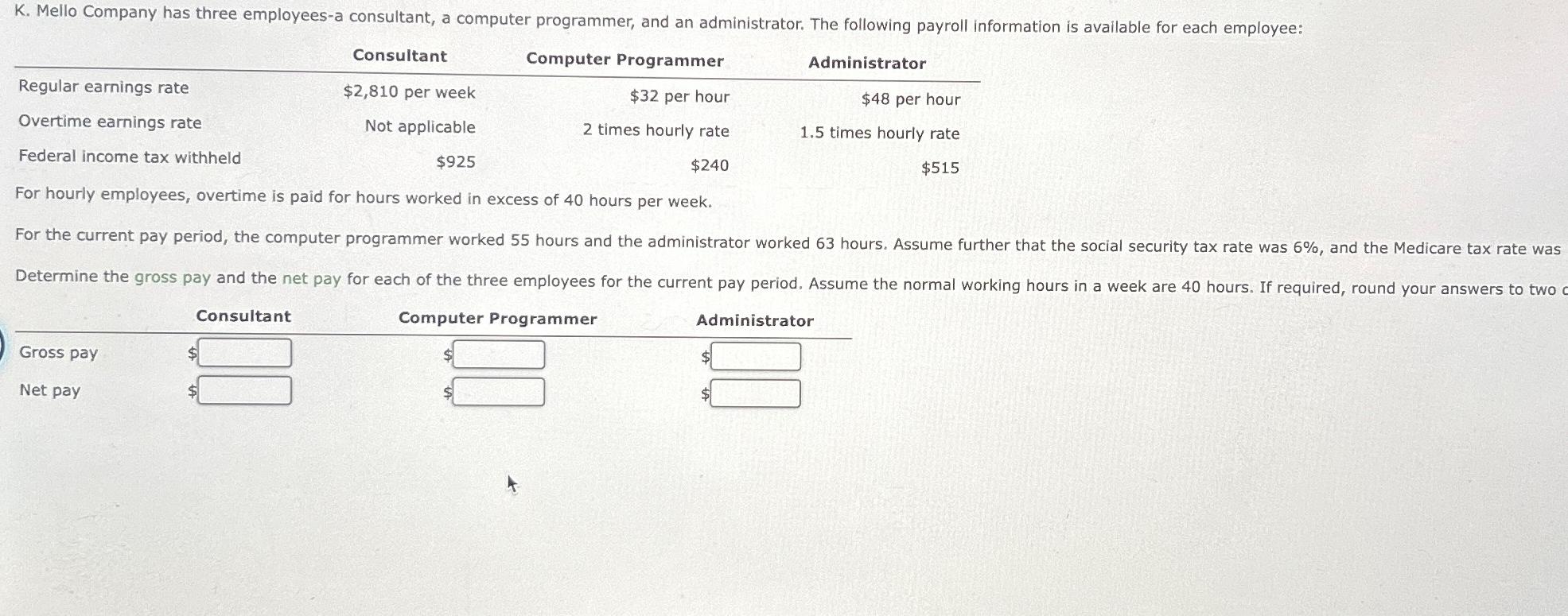 Solved K. ﻿Mello Company has three employees-a consultant, a | Chegg.com