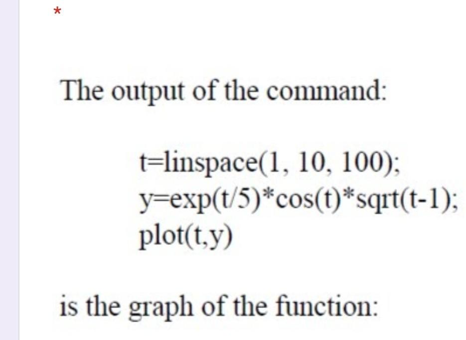 Solved * The output of the command: t=linspace(1, 10, 100); | Chegg.com