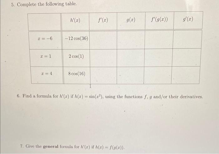 Solved 5. Complete the following table. 6. Find a formula | Chegg.com