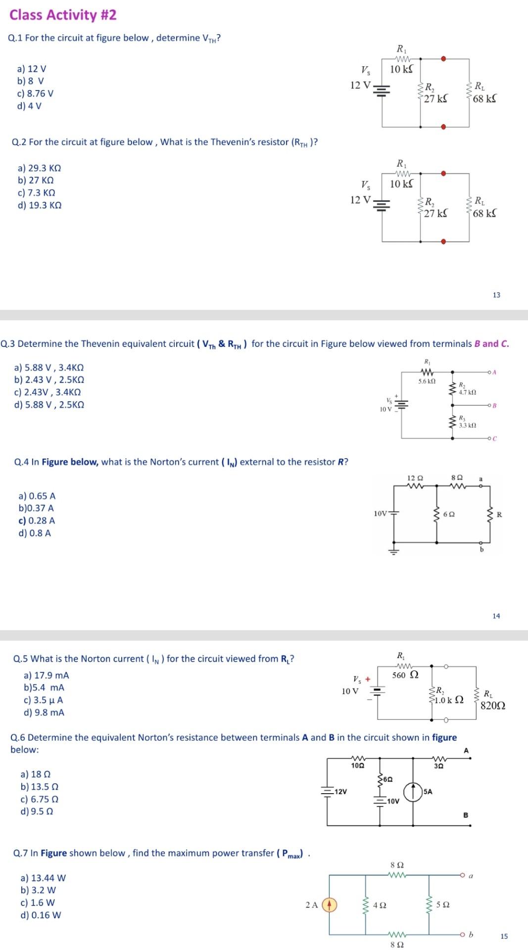 Solved Class Activity #2 Q.1 For the circuit at figure below | Chegg.com