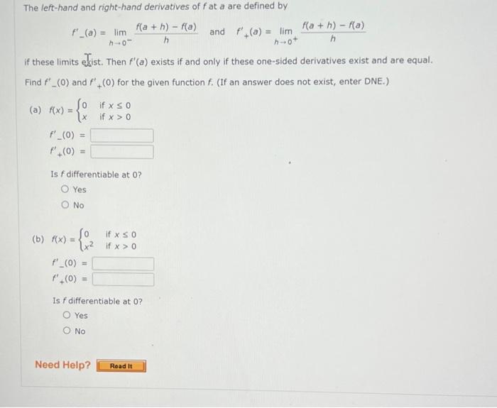 Solved The left-hand and right-hand derivatives of f at a | Chegg.com