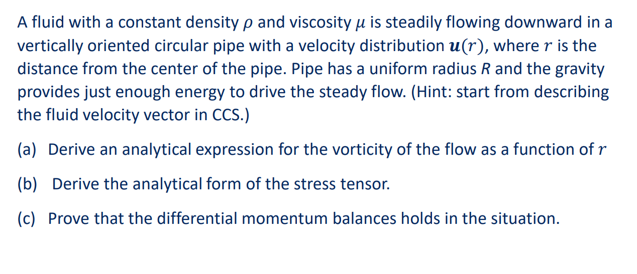 Solved A fluid with a constant density ρ ﻿and viscosity μ | Chegg.com