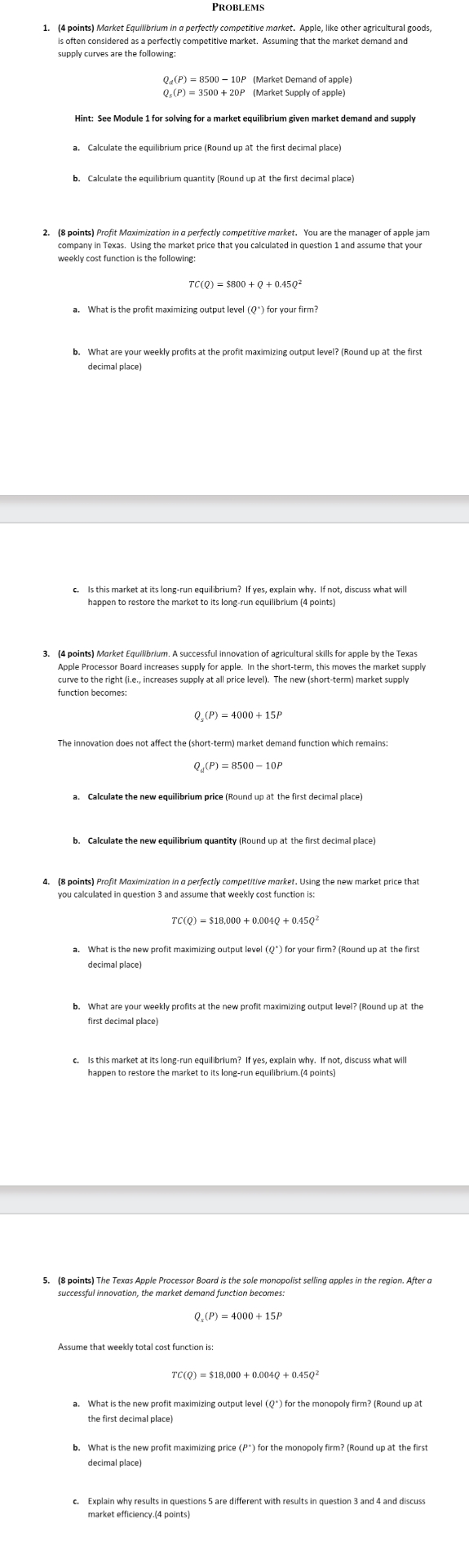 Solved 1. (4 ﻿points) ﻿Market Equilibrium in a perfectly | Chegg.com