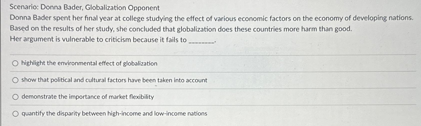 Solved Scenario: Donna Bader, Globalization OpponentDonna | Chegg.com