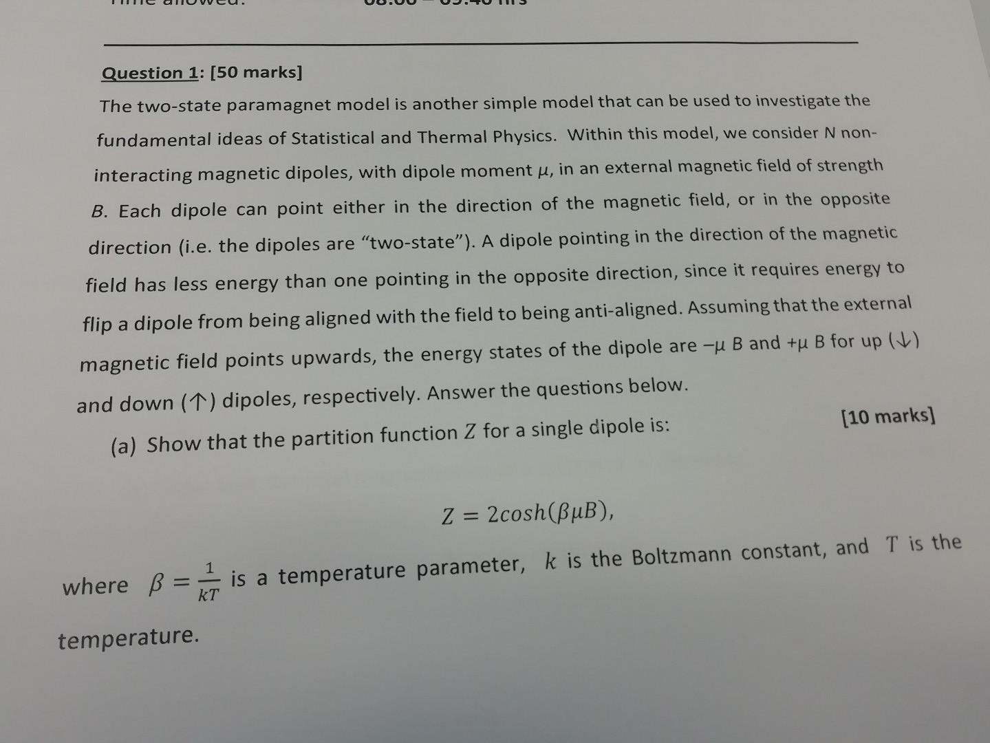 Solved Question 1: (50 marks] The two-state paramagnet model | Chegg.com