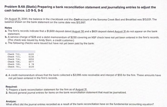 Solved Problem 9.4A (Static) Preparing a bank reconciliation | Chegg.com