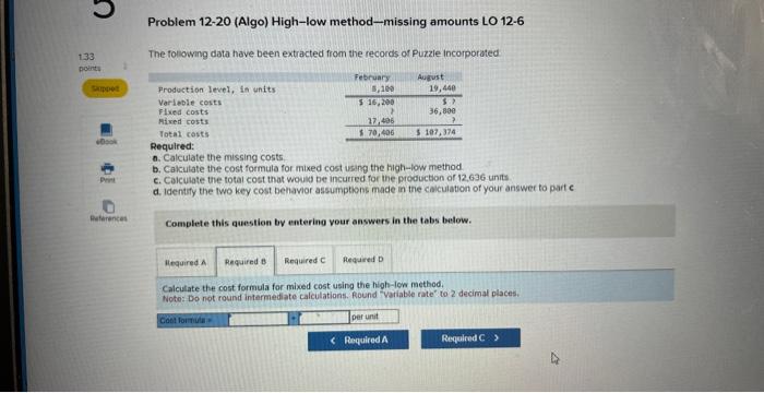 Solved Problem 12-20 (Algo) High-low method-missing amounts | Chegg.com