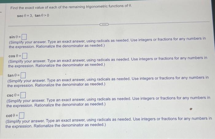 Solved Find the exact value of each of the remaining | Chegg.com