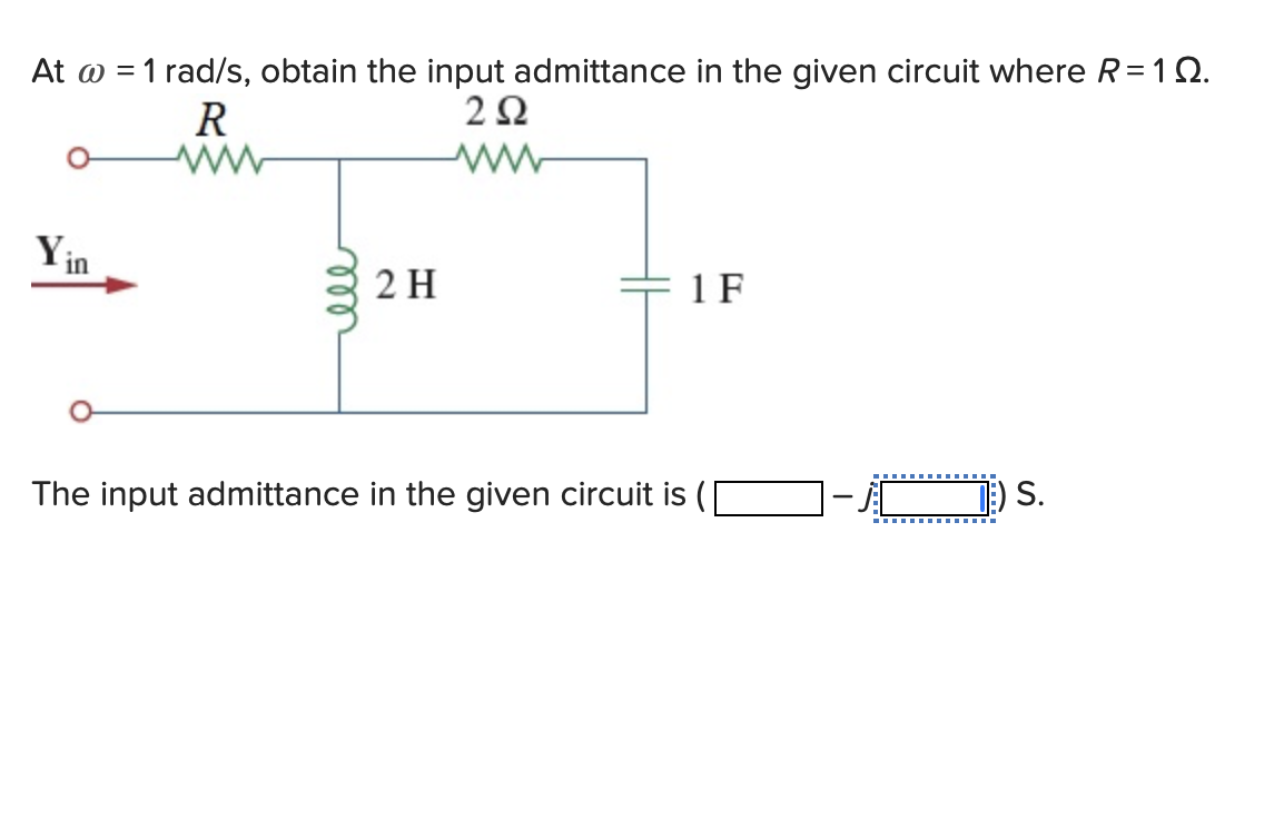 Solved At ω=1rads, ﻿obtain the input admittance in the given | Chegg.com