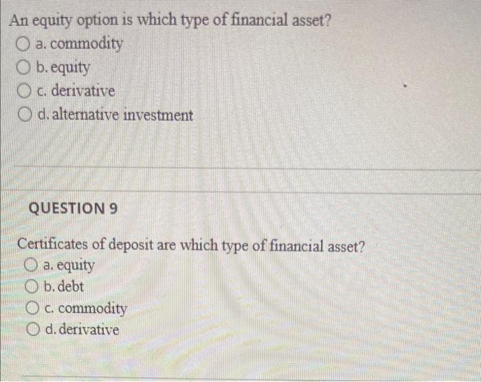 Solved An equity option is which type of financial asset? O | Chegg.com
