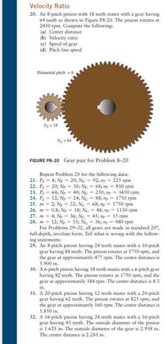 Solved Velocity Ratio 20. An 8-pitch pinion with 18 tecth | Chegg.com
