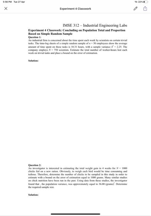 5:56 PM Tue 27 Apr Experiment 4 Classwork G IMSE 312 | Chegg.com