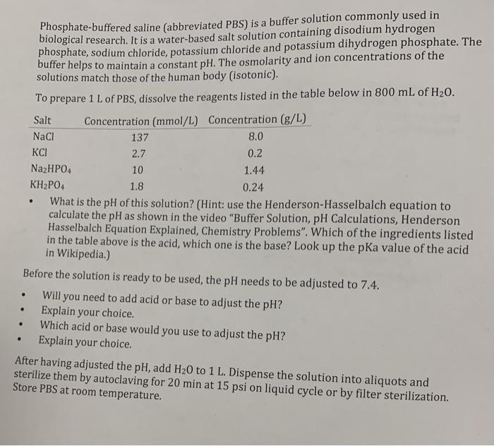 Solved Phosphate-buffered saline (abbreviated PBS) is a | Chegg.com