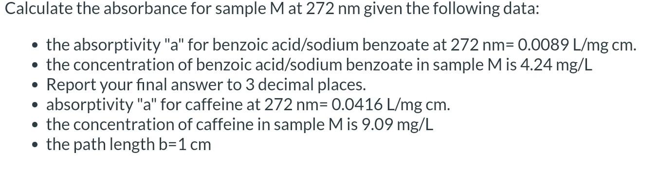 Solved Calculate the absorbance for sample M at 272 nm given | Chegg.com