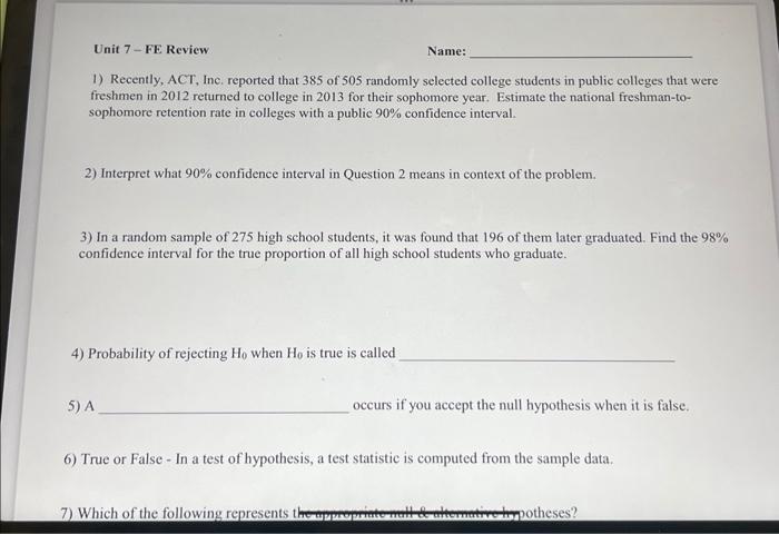 Solved Unit 7-FE. Review Name: 1) Recently, ACT, Inc, | Chegg.com