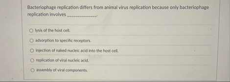 Solved Bacteriophage replication differs from animal virus | Chegg.com
