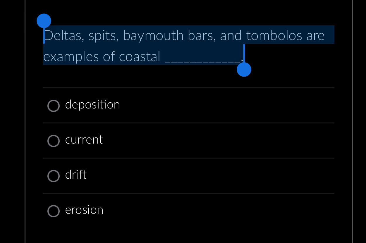 Solved Deltas, spits, baymouth bars, and tombolos are | Chegg.com