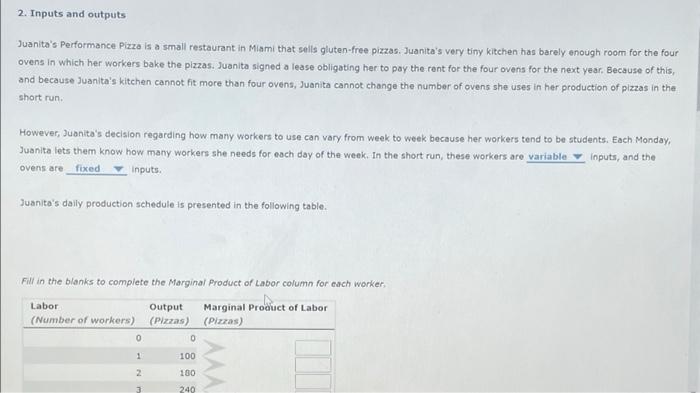 Solved 2. Inputs and outputs Juanita's Performance Pizza is | Chegg.com
